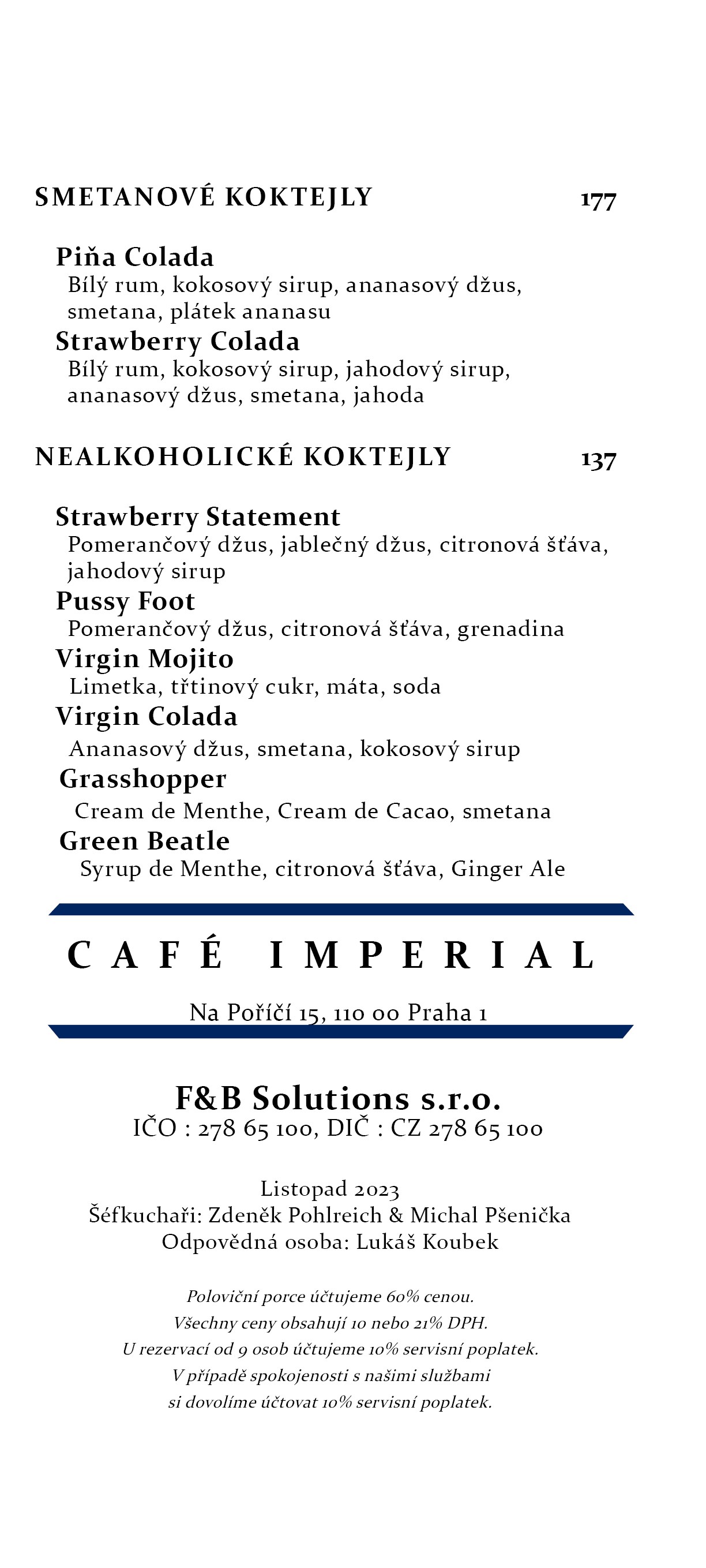 Nápojový lístek – Café Imperial