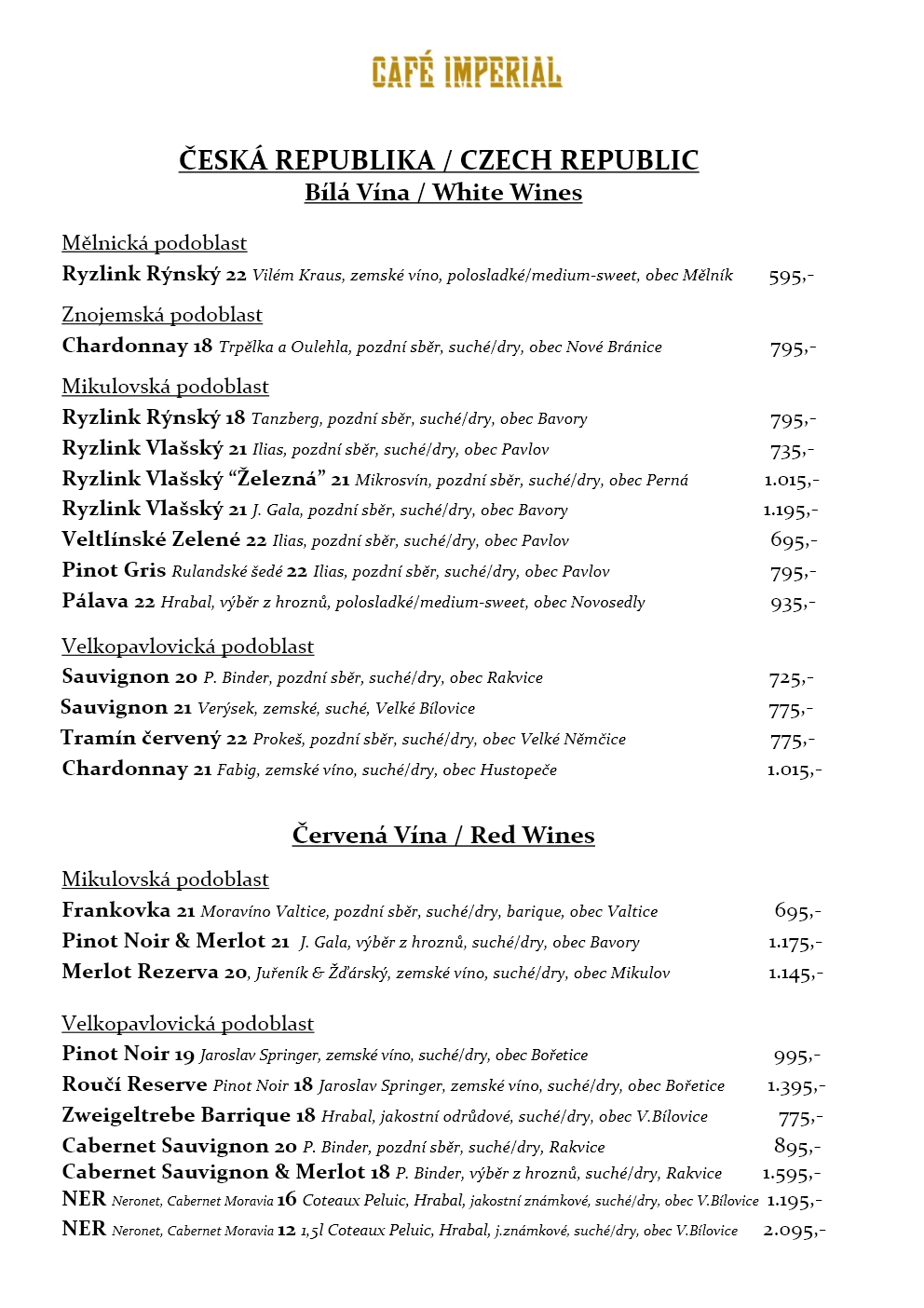 WINE LIST – Café Imperial