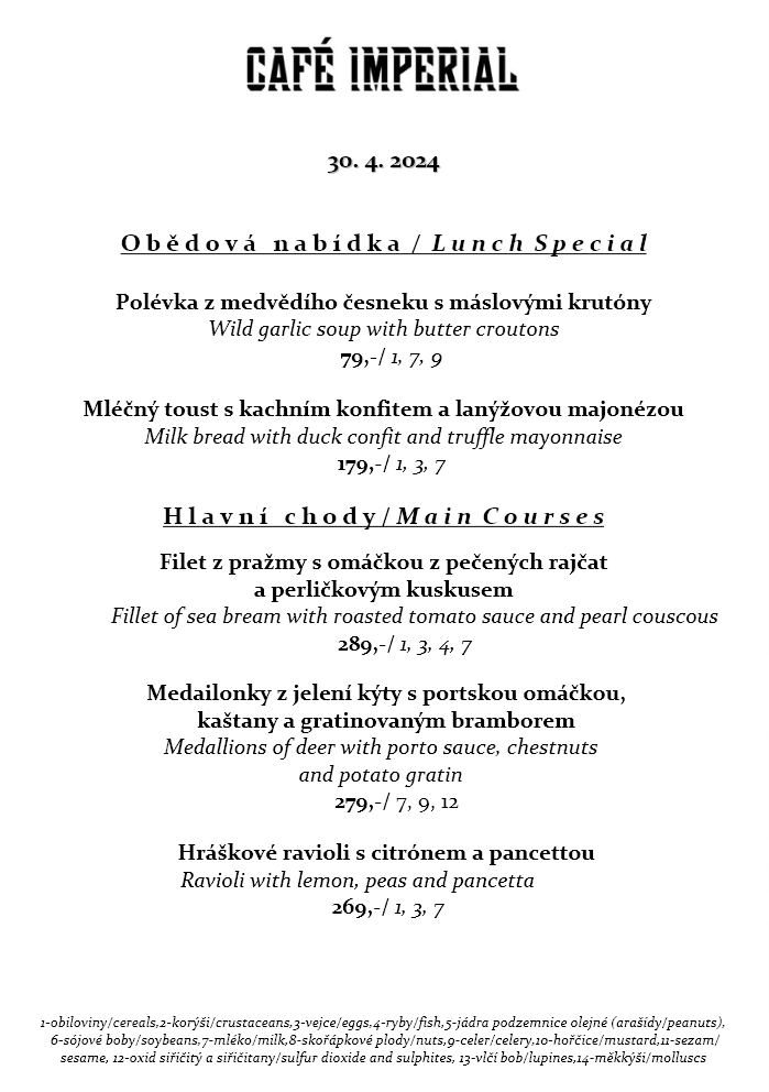 Daily menu – Café Imperial